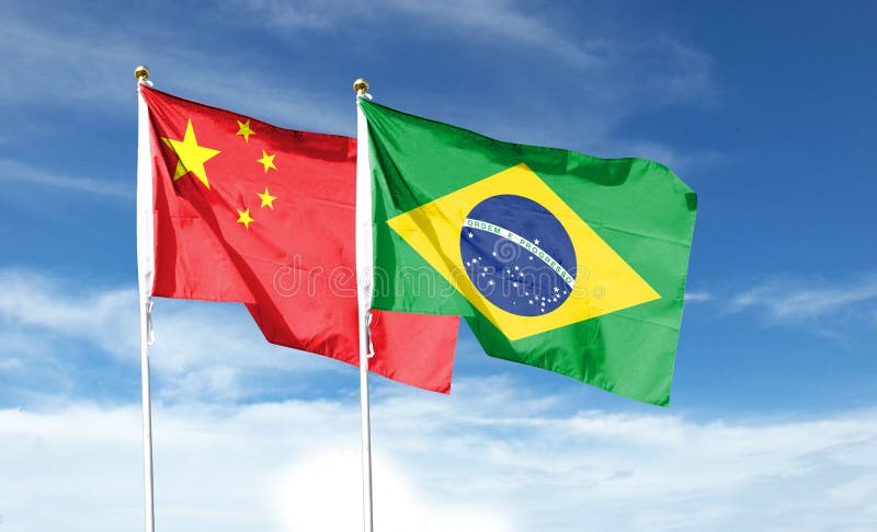 Brazil Flag with China Flag on Cloudy Sky. Waving in the Sky Stock ...