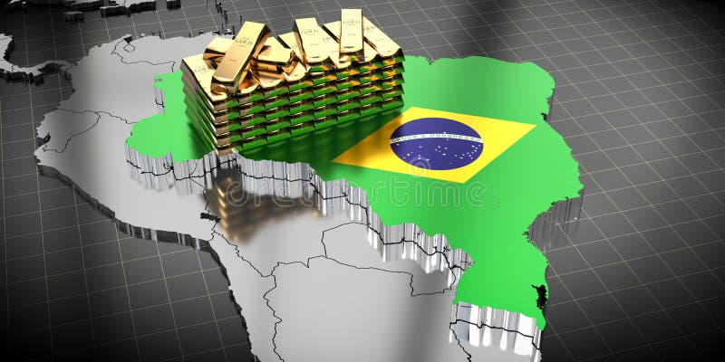 Brazil Map and Flag, Gold Ingots - 3D Illustration Stock Illustration ...