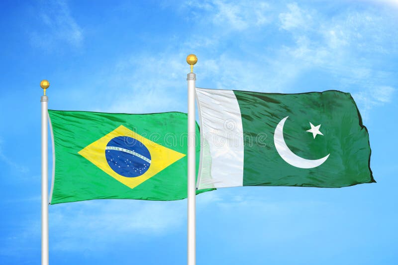 Brazil and Pakistan Two Flags on Flagpoles and Blue Cloudy Sky Stock ...