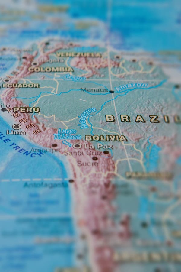 Brazil and Peru in Close Up on the Map. Focus on the Name of Country ...