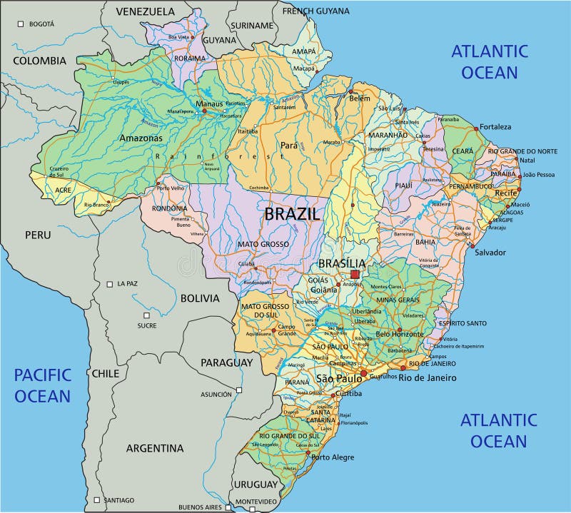 Brazil - Highly Detailed Blue Map. Stock Vector - Illustration of ...