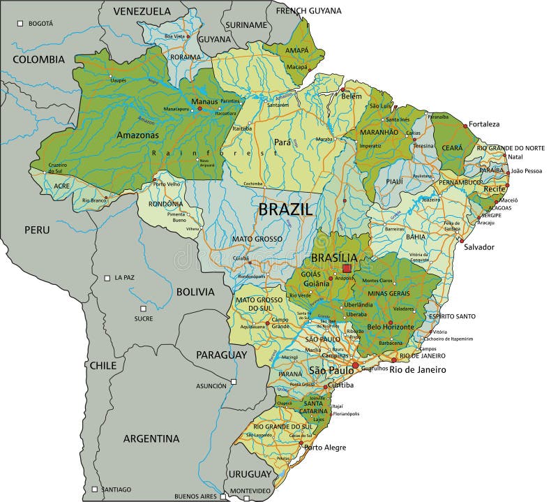 Detailed Brazil Political Map in Mercator Projection. Clearly Labeled ...