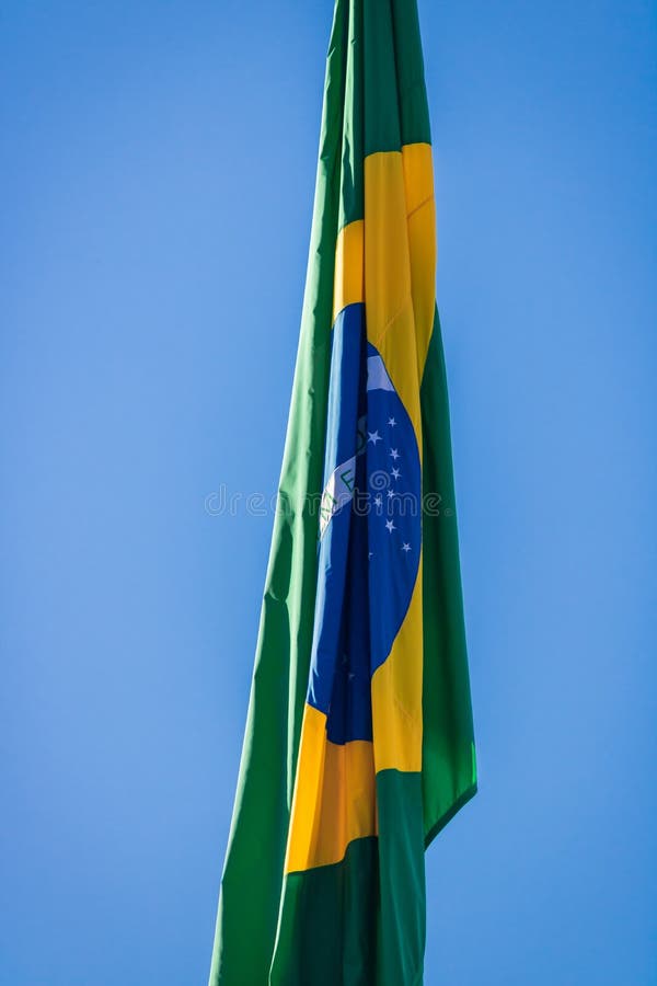 Brazilian Flag on Pole without Wind in Front of Blue Sky Stock Image ...