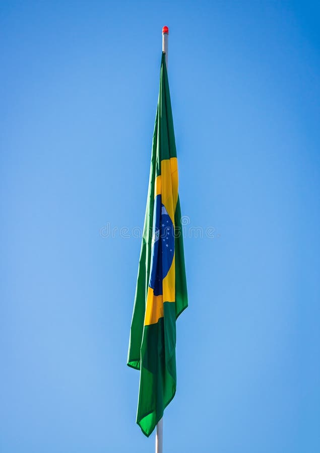 Brazilian Flag on Pole without Wind in Front of Blue Sky Stock Photo ...