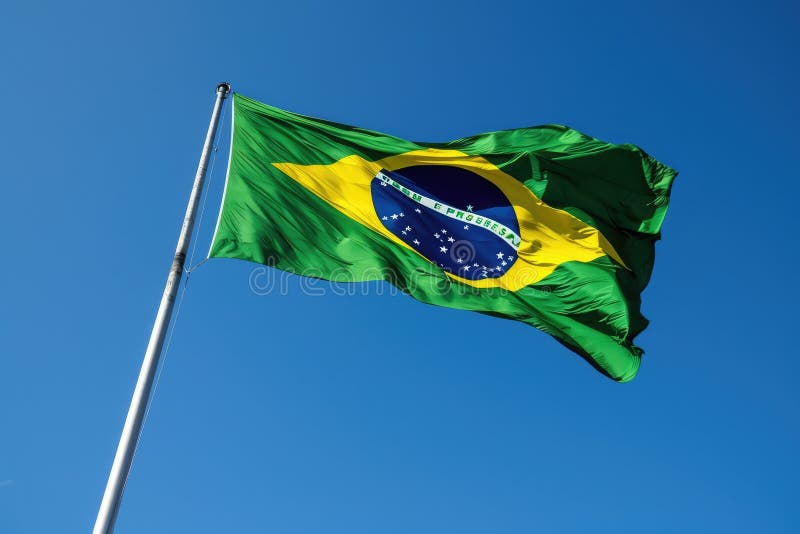 Brazilian Flag Waving in the Blue Sky Stock Illustration - Illustration ...