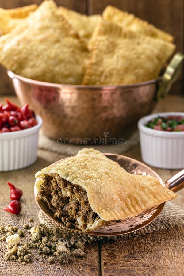 Brazilian Pastry Fried And Stuffed With Ground Meat And Potatoes Hot