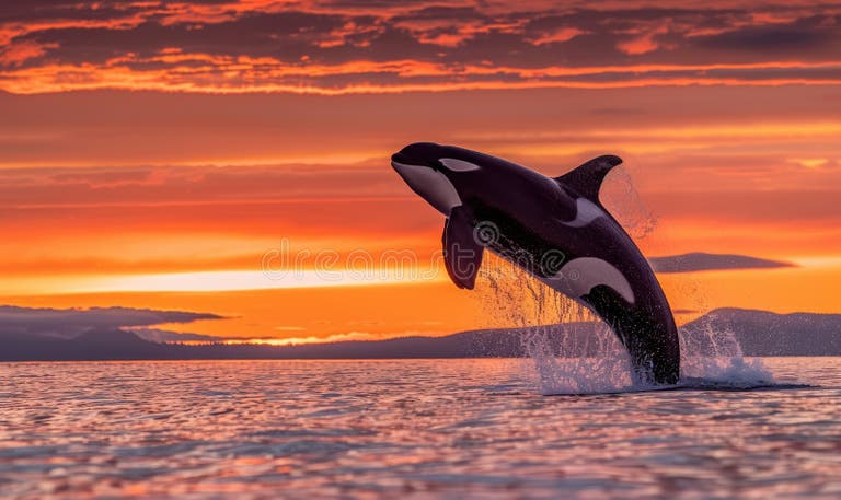 A Breaching Orca Whale Captured in Mid-air Against a Vibrant Sunset Sky ... A Breaching Orca Whale Captured in Mid-air Against a Vibrant Sunset Sky ...