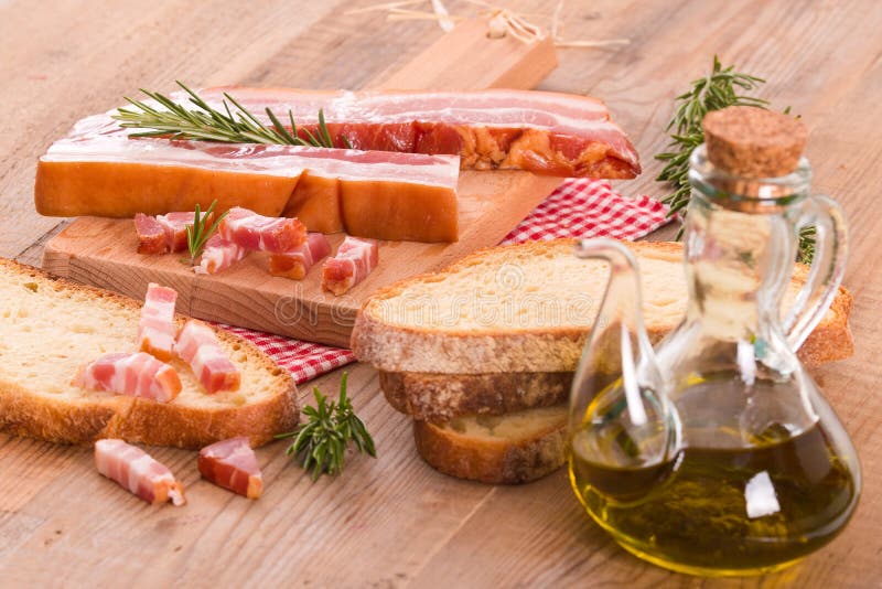 Bread and bacon. stock photo. Image of cuttingboard - 101541018