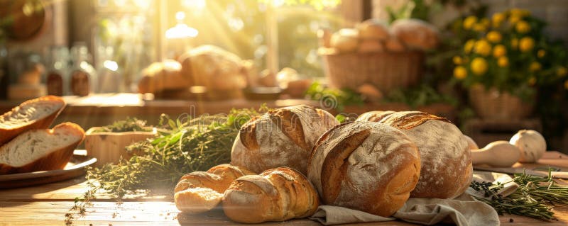 Bread Bakery Background Featuring a Rustic Wooden Table with a Variety ...