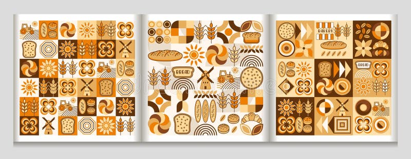 Bread, Bakery Geometric Themed Patterns with Icons Stock Vector ...