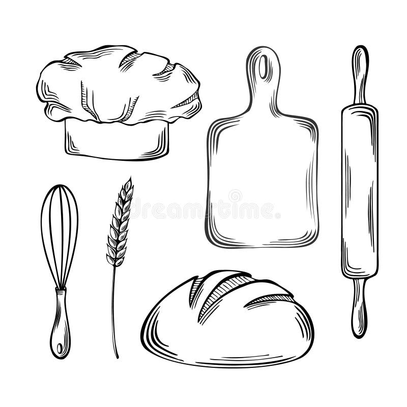 Bread and Baking Tools. Set from Chef Hat with Cutting Board, Rolling ...