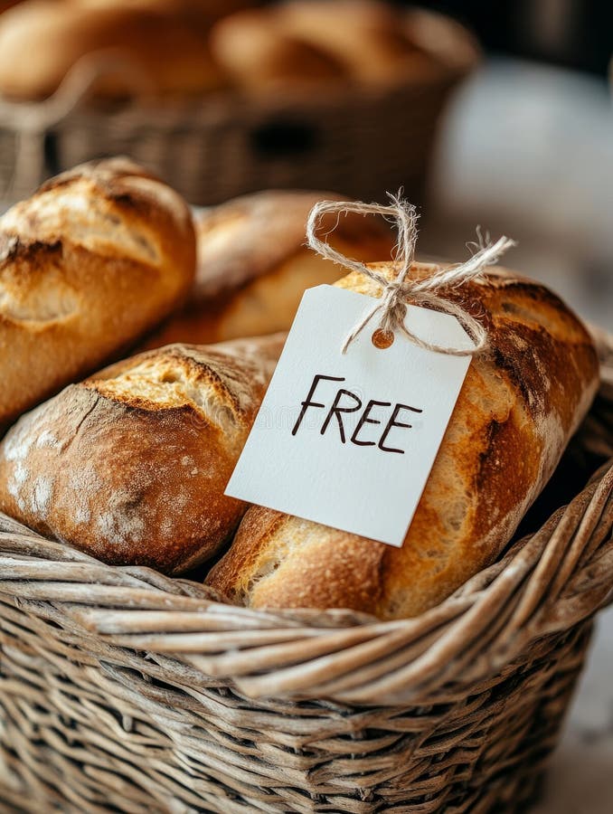 Bread Basket with a Free Sign on Top. Stock Photo - Image of golden ...