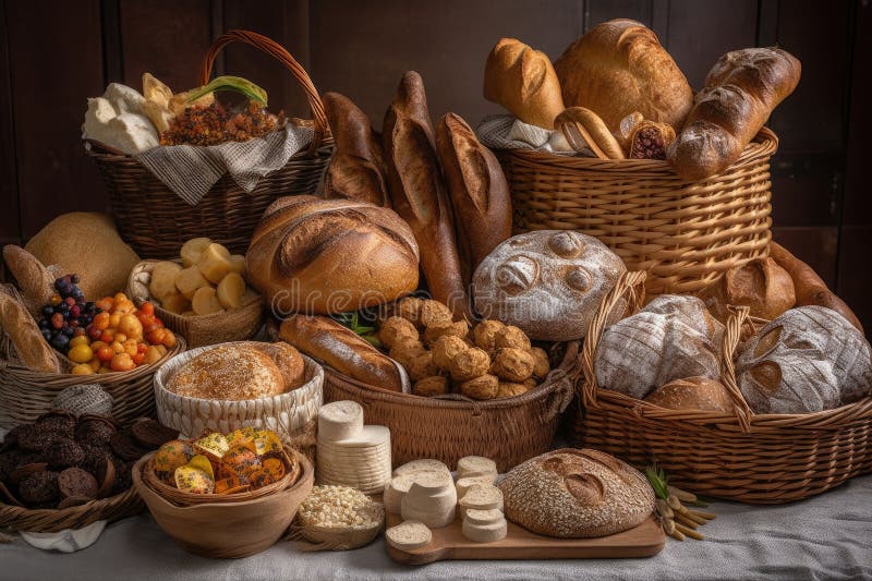 Bread Basket Overflowing with Artisan Breads of Various Shapes and ...