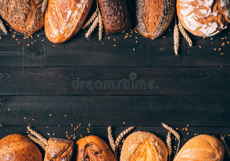 Bread Border on Wood Background with Copy Space. Vertical Composition ...
