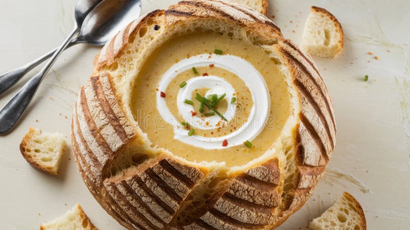 Bread Bowl with Creamy Soup on Rustic Table Stock Illustration ...