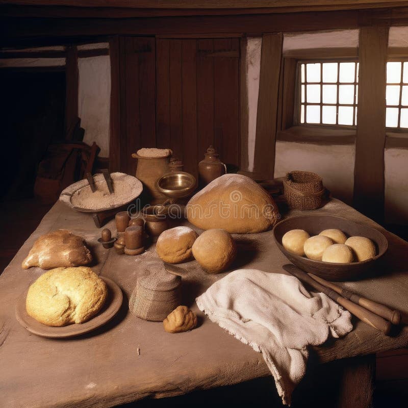Bread and Buns in the Kitchen of a Medieval Castle Stock Illustration ...