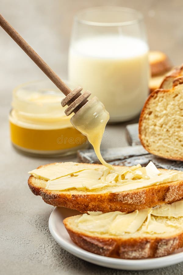 Bread with Butter and Honey. Breakfast Food Concept Stock Image - Image ...