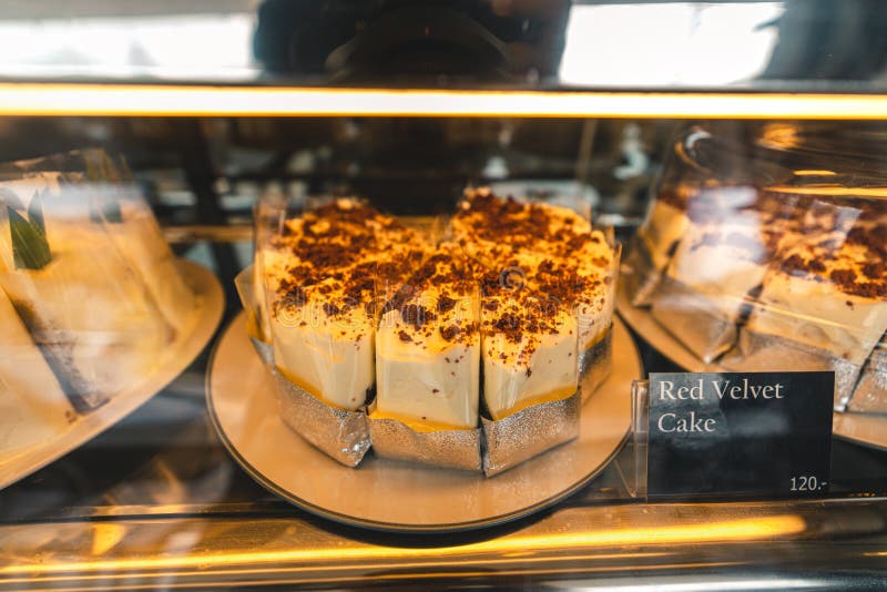 Bread and Cakes in a Glass Cabinet at the Coffee Shop Stock Photo ...