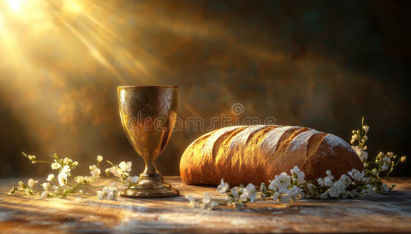 Bread and Chalice on a Rustic Table with Warm Light Illuminating the ...