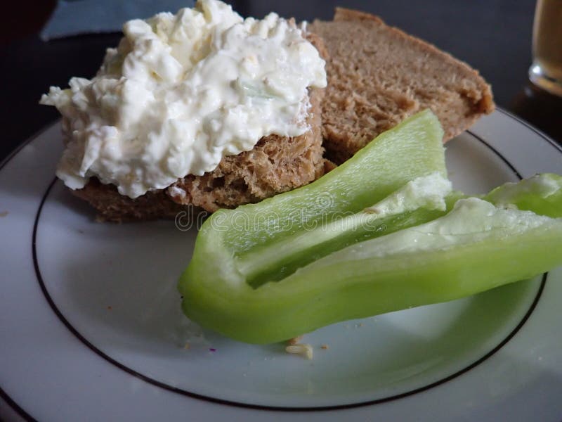 Bread Bread and Cheese Based Snack Served on a Plate Stock Image ...