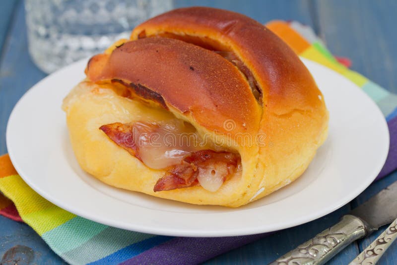 Bread with Cheese and Meat on White Plate Stock Photo - Image of ...