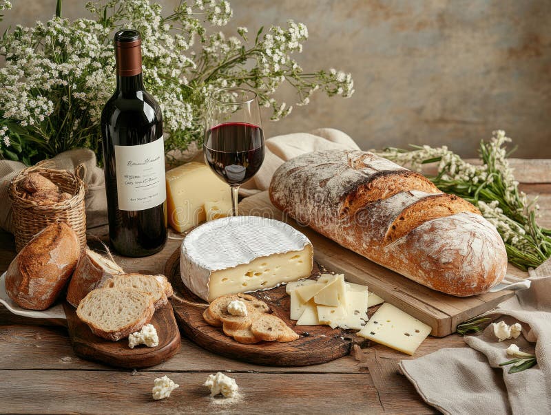 Bread, Cheese and Sausages on Rustic Wooden Table Stock Illustration ...
