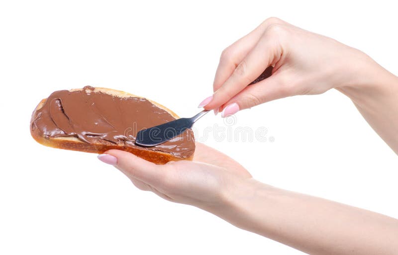 Bread with Chocolate Spread Paste in Hand Stock Photo - Image of ...