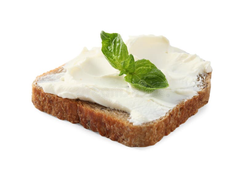 Bread with Cream Cheese and Basil Isolated on White Stock Image - Image ...