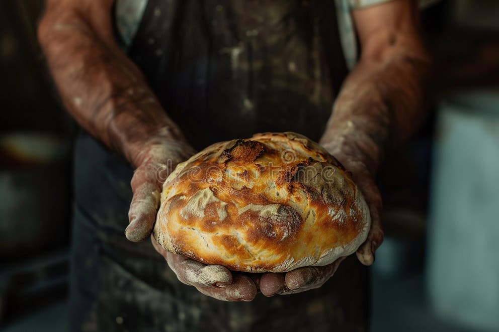 Bread with a Crispy Crust in the Hands of a Man. Generative AI. Stock ...