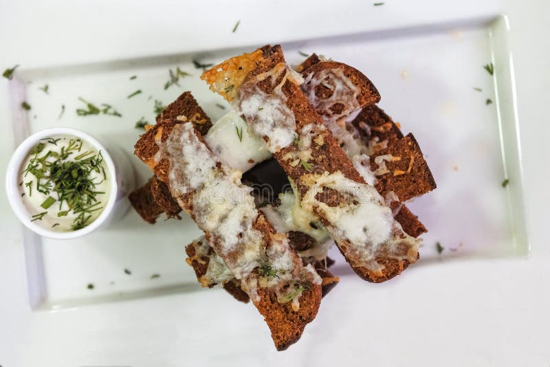 Bread croutons with cheese stock image. Image of satisfying - 118441729