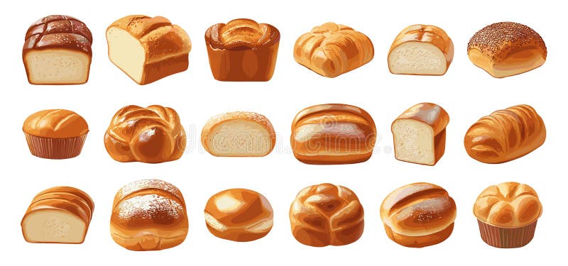 Bread of Different Types Vector Icons Cartoon Style on White Background ...
