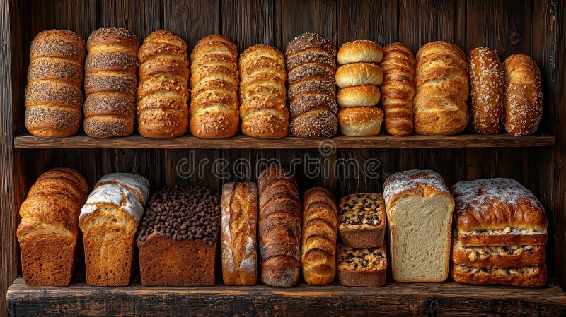Bread Display on Rustic Wooden Shelves Stock Image - Image of loaves ...
