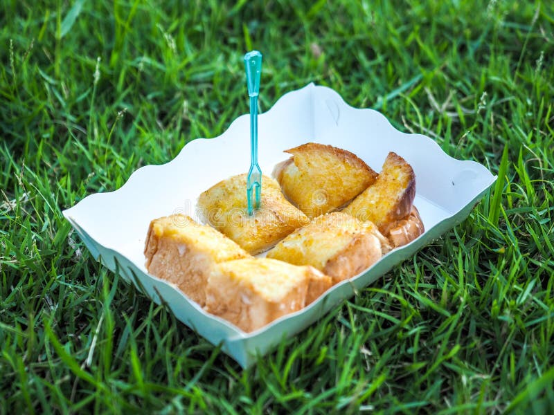 Bread Doused in Milk, Paper Plates Resting on Green Grass. Stock Image ...