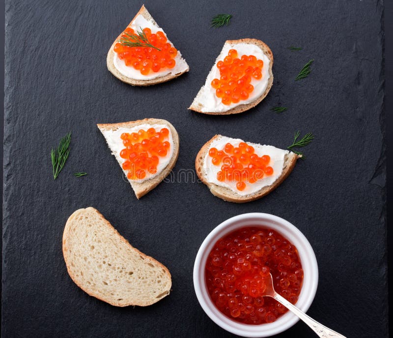 Bread with Fresh Cream Cheese and Red Caviar Stock Image - Image of ...