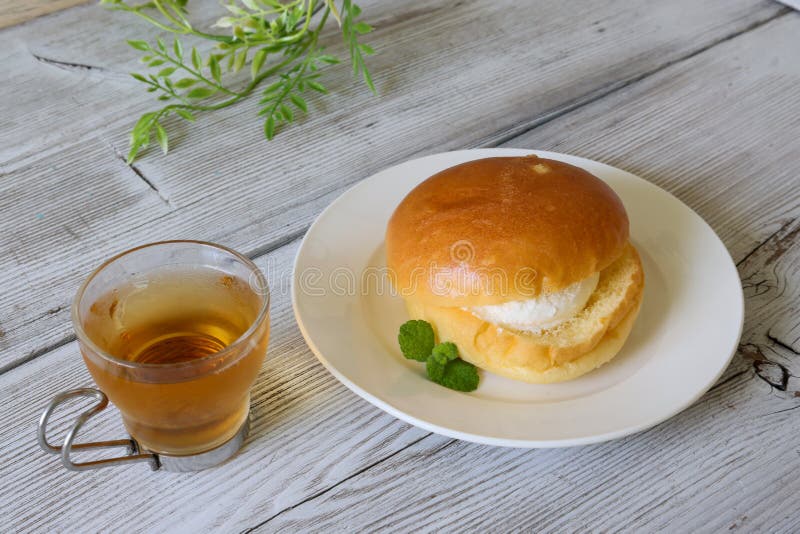 Bread with Fresh Whipped Cream on the White Dish Stock Photo - Image of ...