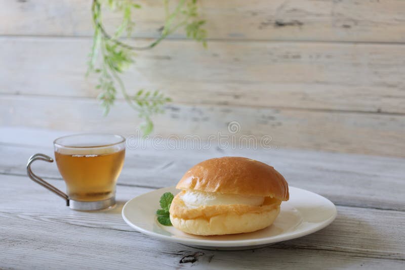 Bread with Fresh Whipped Cream on the White Dish Stock Photo - Image of ...
