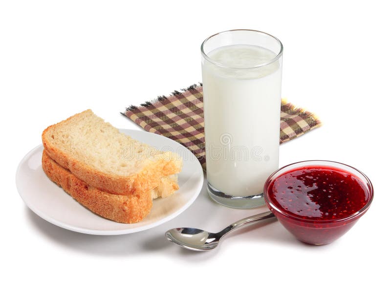 Bread, Glass of Milk and Raspberry Jam Stock Photo - Image of spoon ...