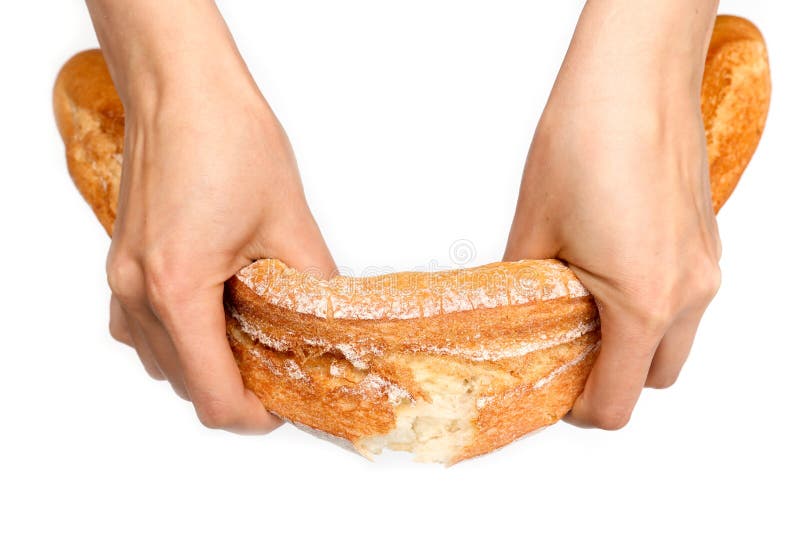 Bread in Hand on a White Background Stock Photo - Image of tearing ...