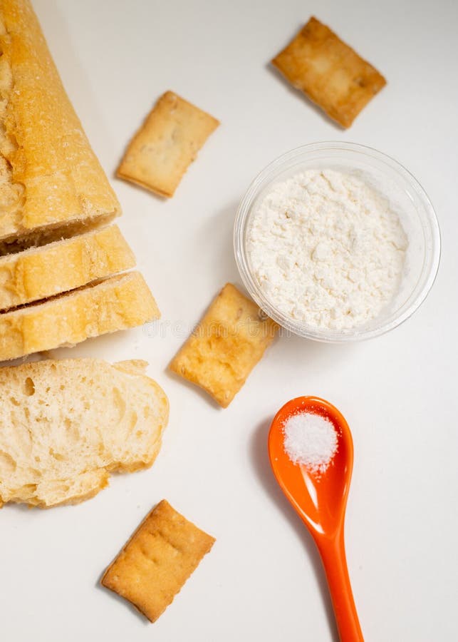 Bread Ingredients: Flour, Salt and Bread. Stock Photo - Image of lunch ...