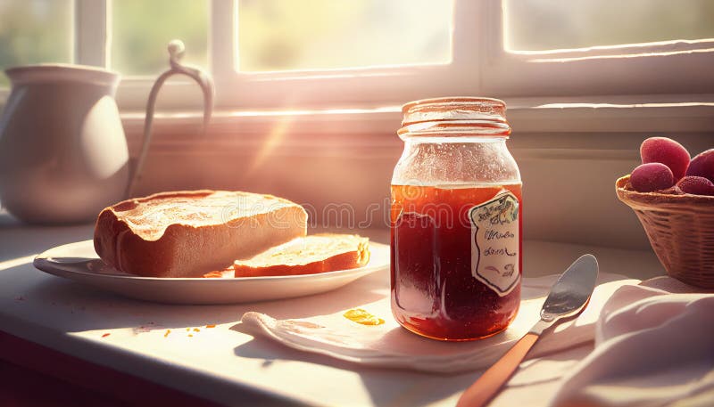 Bread and Jam on White Plate with Spoon at Window Table on Foody Theme ...