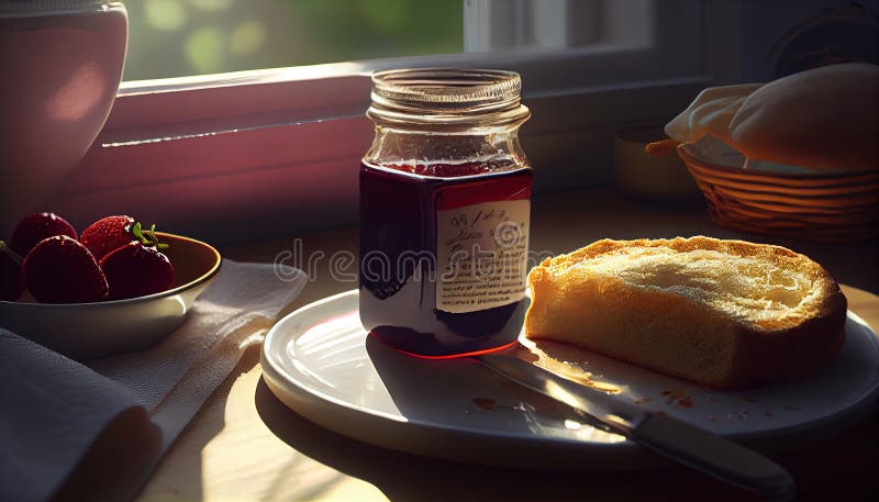 Bread and Jam on White Plate with Spoon at Window Table on Foody Theme ...
