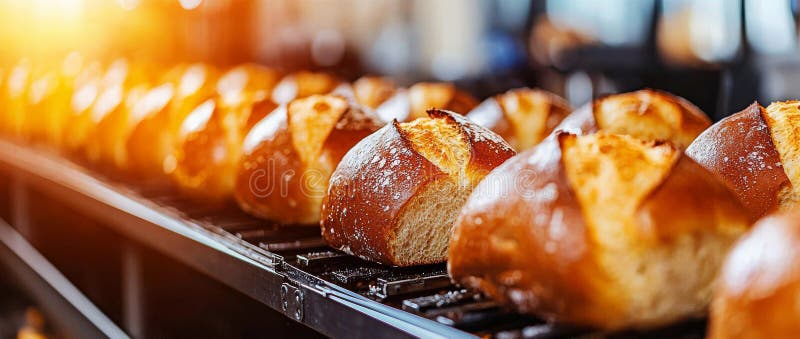 Bread Loaves on a Production Line in a Bakery, Offering Space for Copy ...