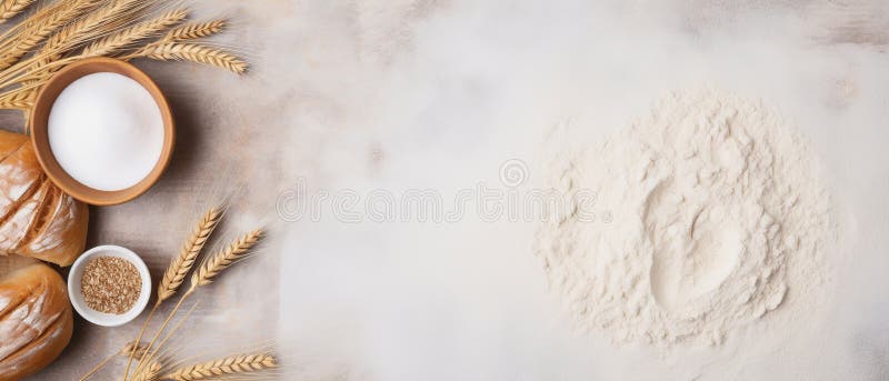 Bread-Making Essentials: Wheat, Yeast, and Rolling Pin Top View Stock ...