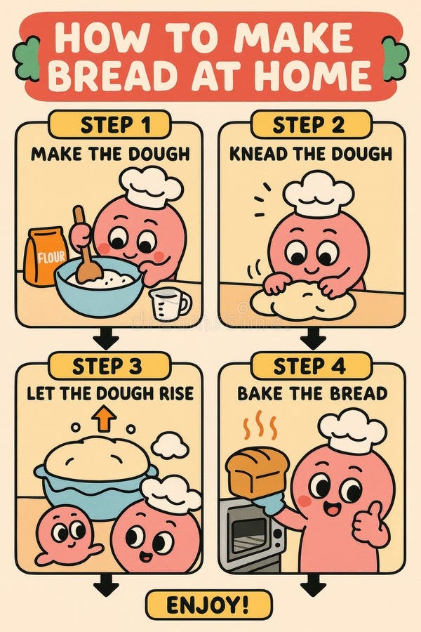 Bread Making Process Illustrated with Baker Character, Depicting Dough ...
