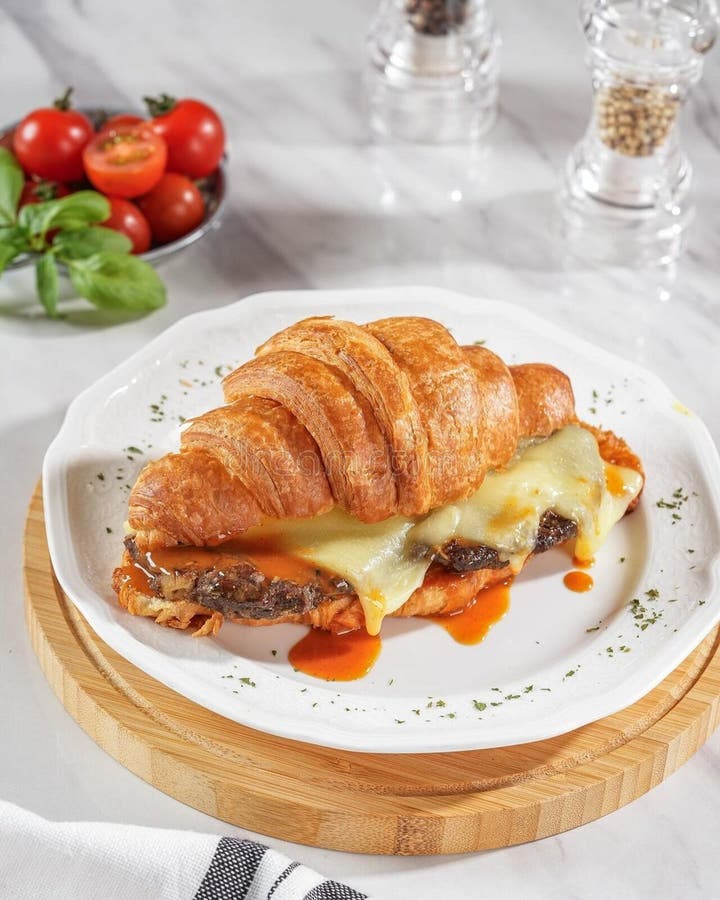 Bread with Meat and Cheese Filling Served on a White Plate Stock Image ...