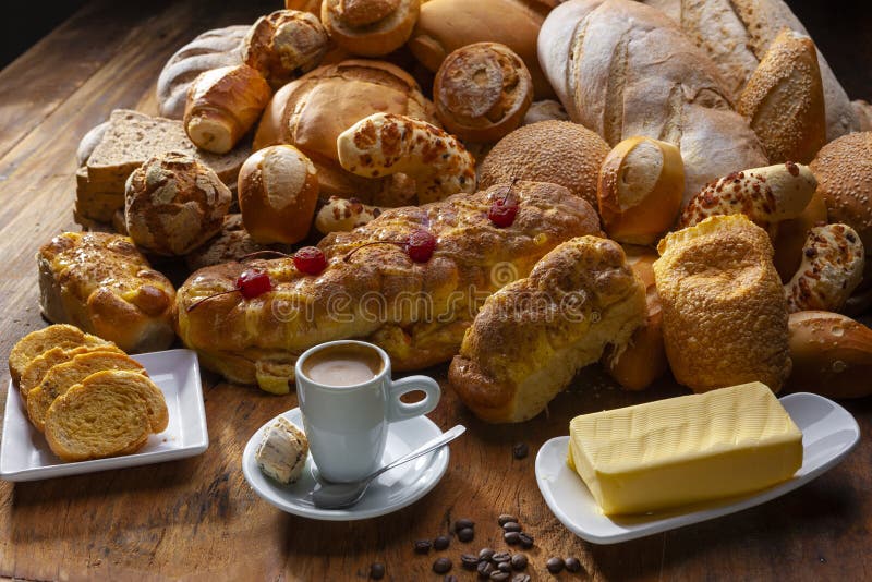 Bread with Melted Butter, Various Artisan Breads and a Cup of Espresso ...