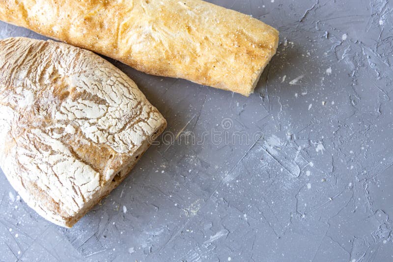 Bread and Milk in Blue Glass. Top View Stock Photo - Image of baguette ...
