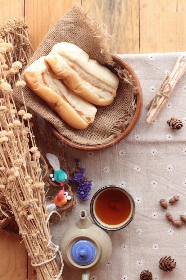 Bread with Milk Tea Custard and Hot Tea. Stock Photo - Image of thai ...
