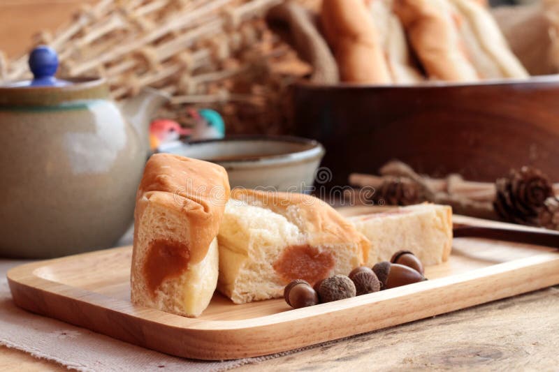 Bread with Milk Tea Custard and Hot Tea. Stock Photo - Image of meal ...