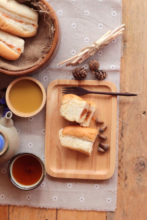 Bread with Milk Tea Custard and Hot Tea. Stock Image - Image of loaf ...